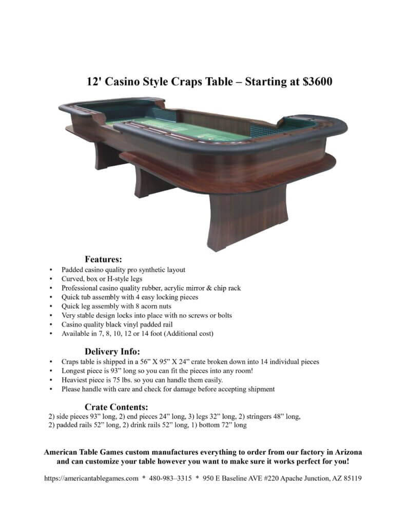 Table Game Shipping Details - Custom Manufacture of Table Games